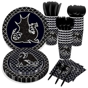 116 pcs black dragon party supplies tableware including dragon party paper plates dinner plates napkins cups set for black dragon birthday party supplies, dragon fantasy party supplies 16 guests