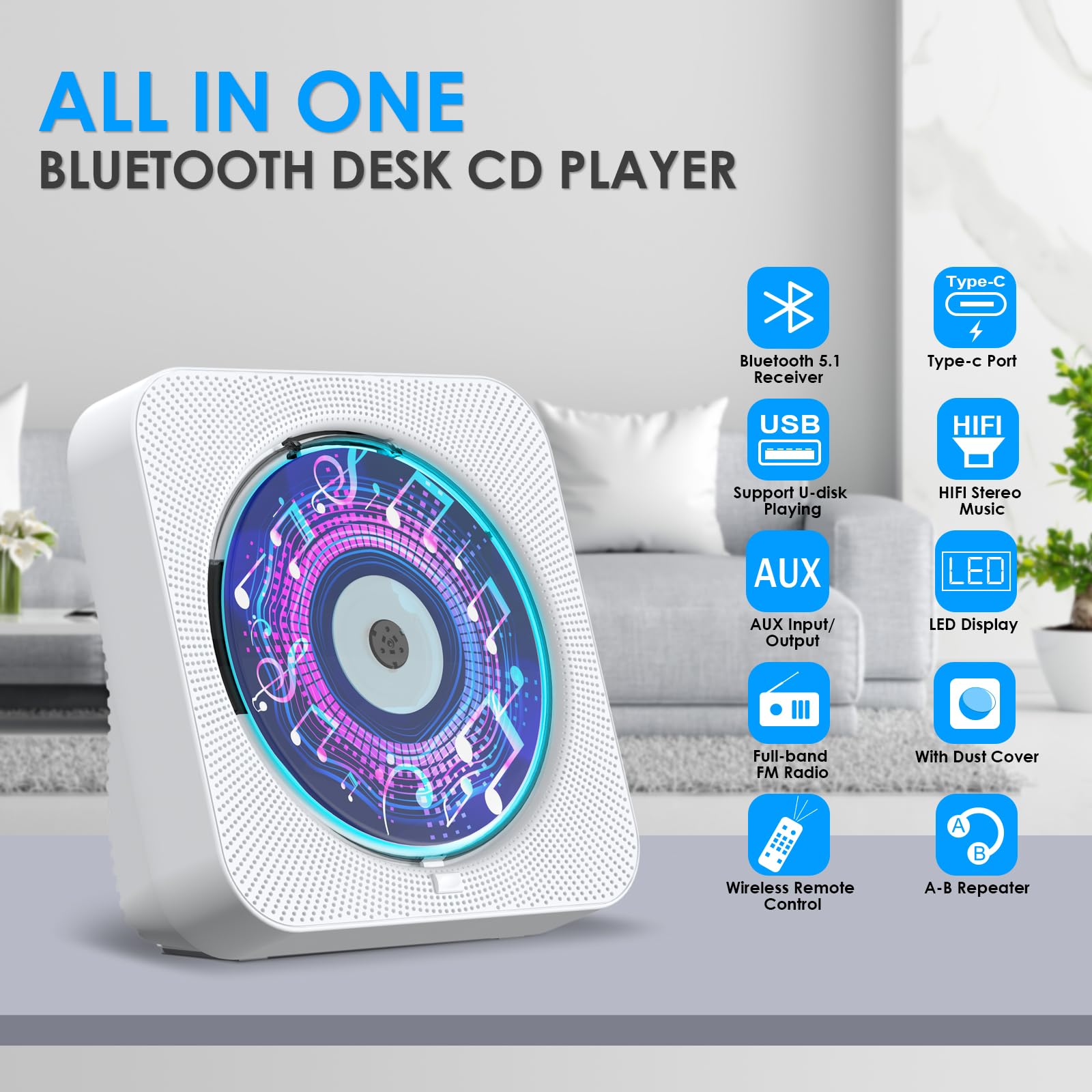 Gueray CD Player with Speakers Bluetooth Desktop CD Players for Home Radio CD Player with Remote Control HiFi Speakers Dust Cover LED Screen Timer Supports AUX USB TF Card Playback