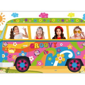 60's Hippie Bus Photo Prop 60s Party Decorations Large Fabric Retro Groovy Van Prop Hippie Selfie Frame Backdrop Background Banner Birthday Party Supplies Retro 60s 70s Party Favors 65.8 x 35.4 Inch