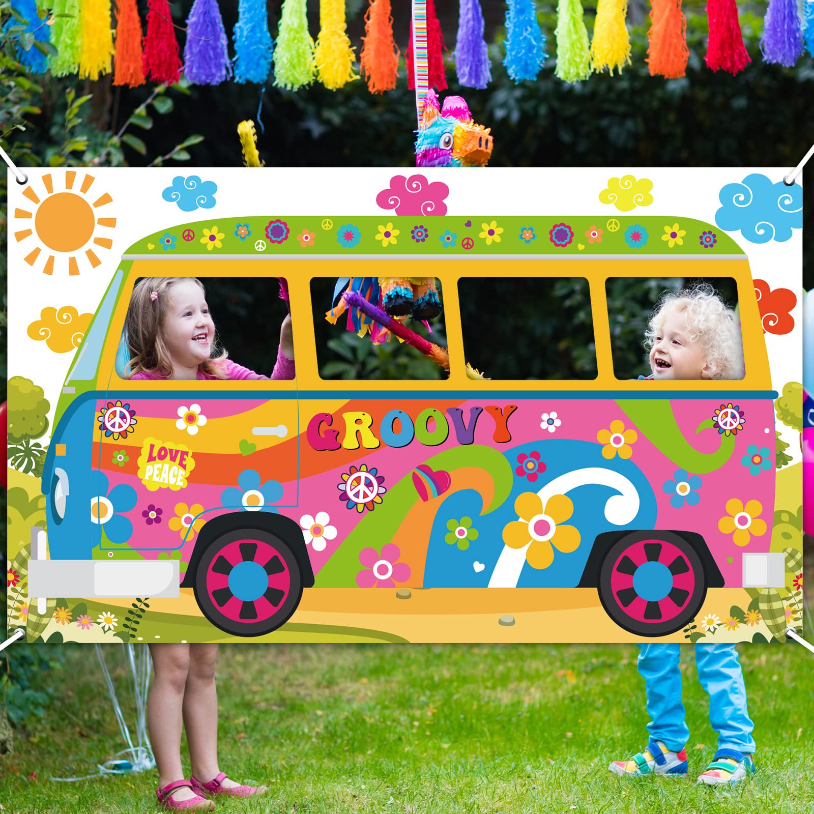 60's Hippie Bus Photo Prop 60s Party Decorations Large Fabric Retro Groovy Van Prop Hippie Selfie Frame Backdrop Background Banner Birthday Party Supplies Retro 60s 70s Party Favors 65.8 x 35.4 Inch