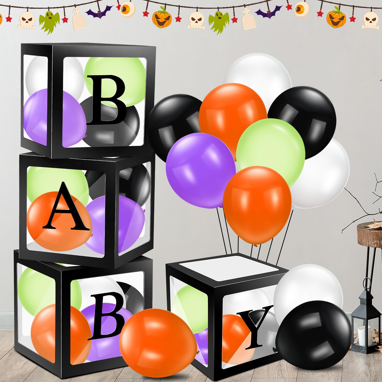 Jenaai 44 Pcs Halloween Baby Shower Party Decorations 4 Pcs Black Transparent Balloon Boxes with Baby Letters 40 Pcs 10 Inch Balloons for Halloween Gender Reveal Party Supplies