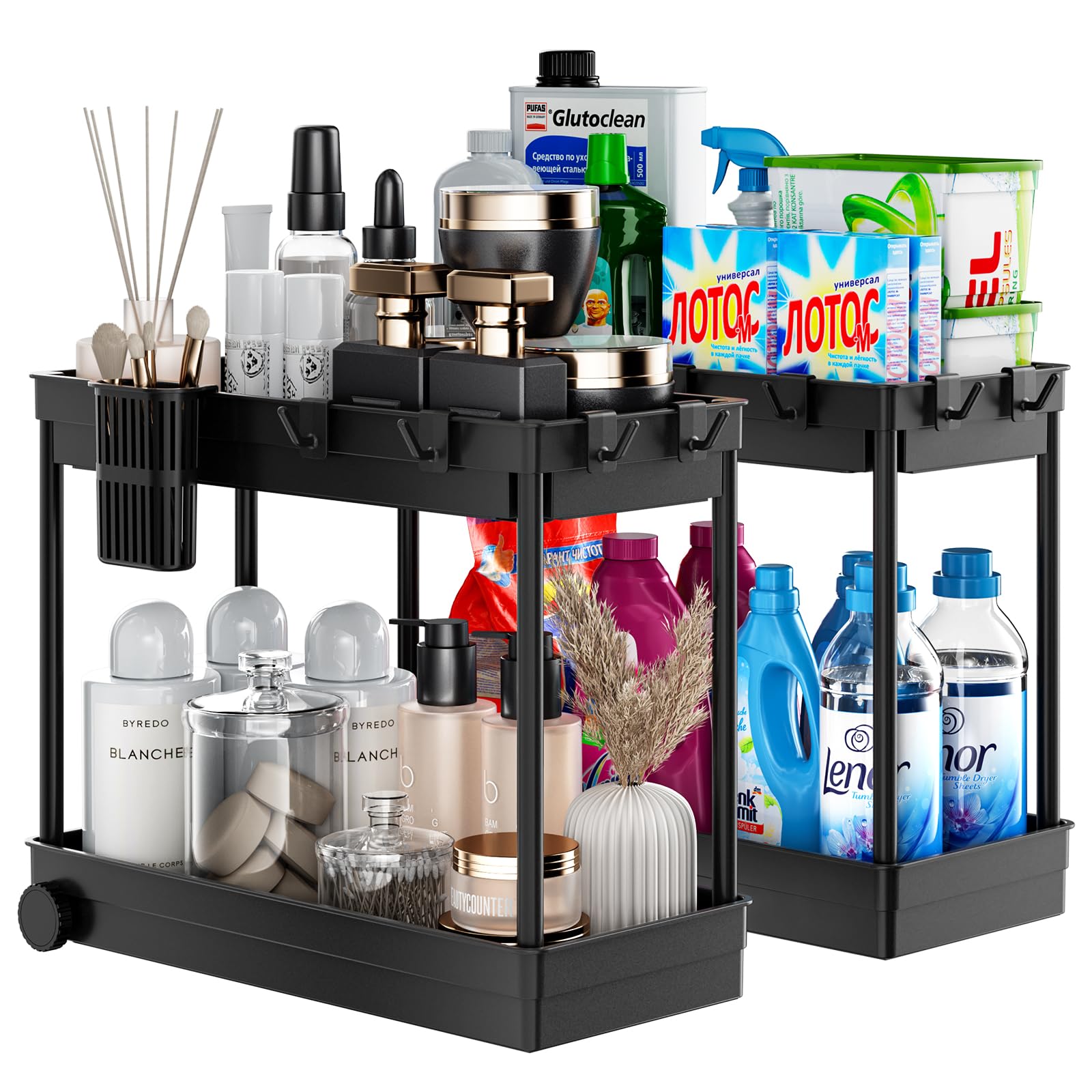 Sellemer Under Sink Organizers and Storage, Easy to Move with Wheels, Kitchen Organizers and Storage, Bathroom Storage, Laundry Room Organization (Heightened Style, Transparent)