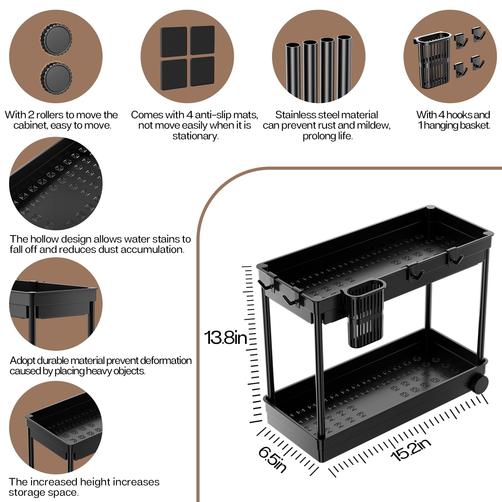 Sellemer Under Sink Organizers and Storage, Easy to Move with Wheels, Kitchen Organizers and Storage, Bathroom Storage, Laundry Room Organization (Heightened Style, Transparent)