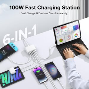 USB C Fast Charger 100W GaN 6 Port Charging Station Block Hub 3 USB C and 3 QC USB A Wall Charger Adapter Plug with 2Pack 6FT Fast Charging Cable for iPad iPhone 15 14 13 12 Pro Max Pixel Note Galaxy