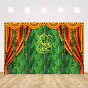 ticuenicoa 5x3ft india pooja traditional photography backdrop banana leaf green chatiya ganesh background puja ganpati pooja mehndi backdrops decorations wedding party marigold garlands photo props