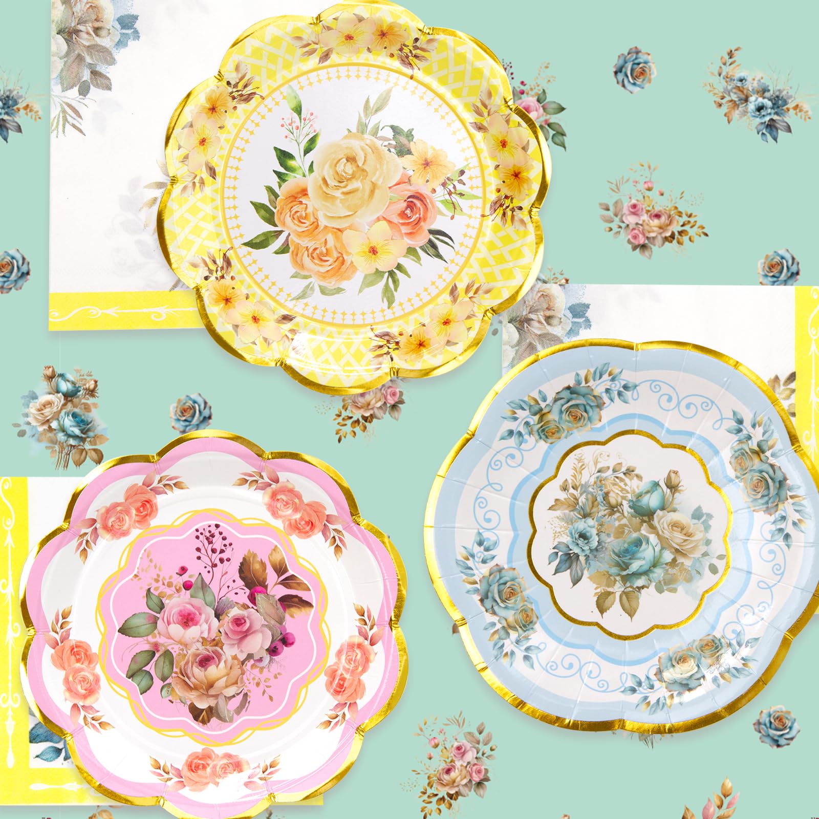 Tea Party Supplies Floral Party Dinnerware Tea Party Decorations 12 Paper Tea Cups and Saucers, Plates Napkins Tablecloth