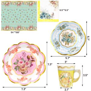 Tea Party Supplies Floral Party Dinnerware Tea Party Decorations 12 Paper Tea Cups and Saucers, Plates Napkins Tablecloth