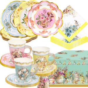 Tea Party Supplies Floral Party Dinnerware Tea Party Decorations 12 Paper Tea Cups and Saucers, Plates Napkins Tablecloth