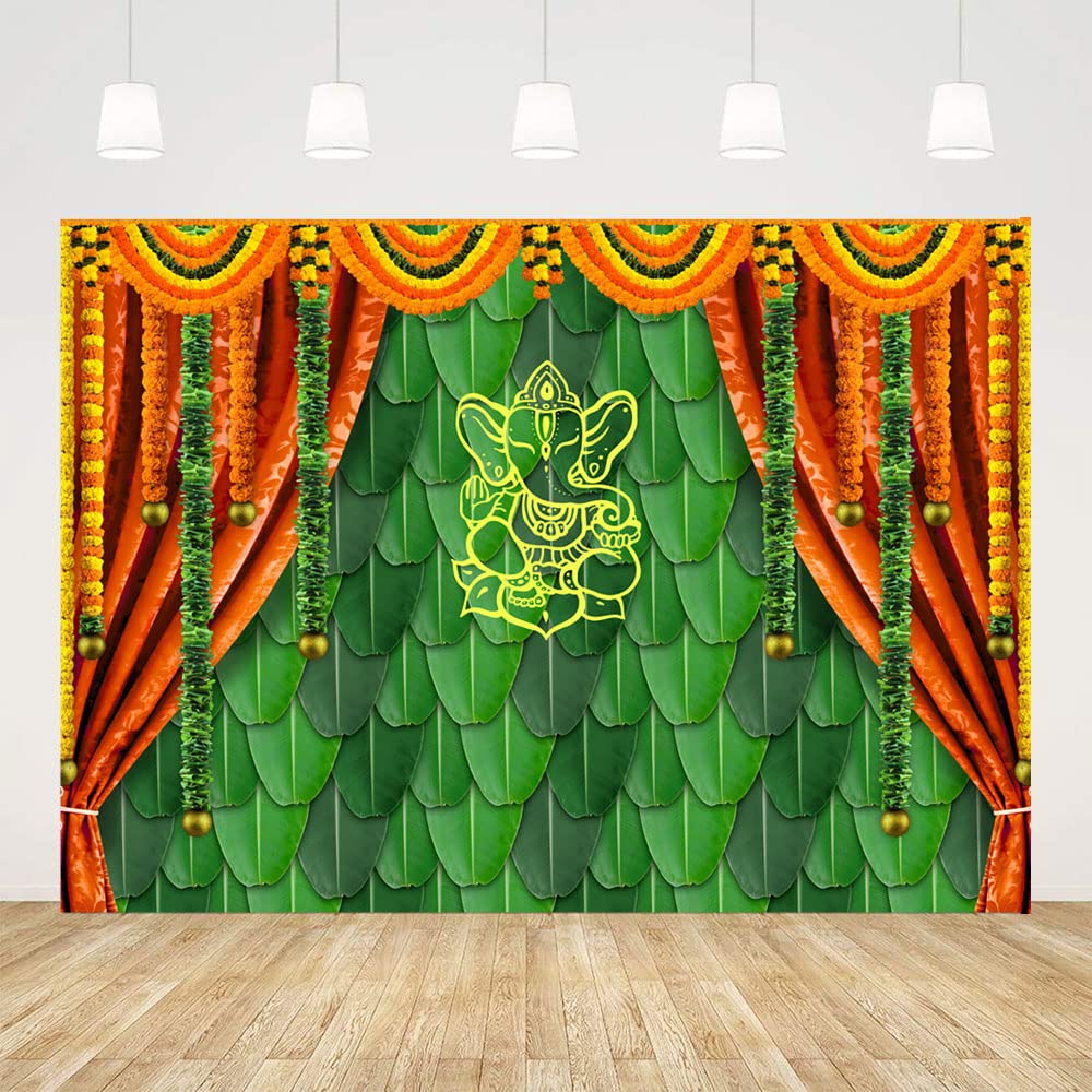 Ticuenicoa 9x6ft India Pooja Traditional Photography Backdrop Banana Leaf Green Chatiya Ganesh Background Puja Ganpati Pooja Mehndi backdrops Decorations Wedding Party Marigold Garlands Photo Props