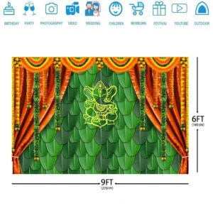 Ticuenicoa 9x6ft India Pooja Traditional Photography Backdrop Banana Leaf Green Chatiya Ganesh Background Puja Ganpati Pooja Mehndi backdrops Decorations Wedding Party Marigold Garlands Photo Props