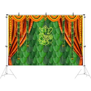 Ticuenicoa 9x6ft India Pooja Traditional Photography Backdrop Banana Leaf Green Chatiya Ganesh Background Puja Ganpati Pooja Mehndi backdrops Decorations Wedding Party Marigold Garlands Photo Props