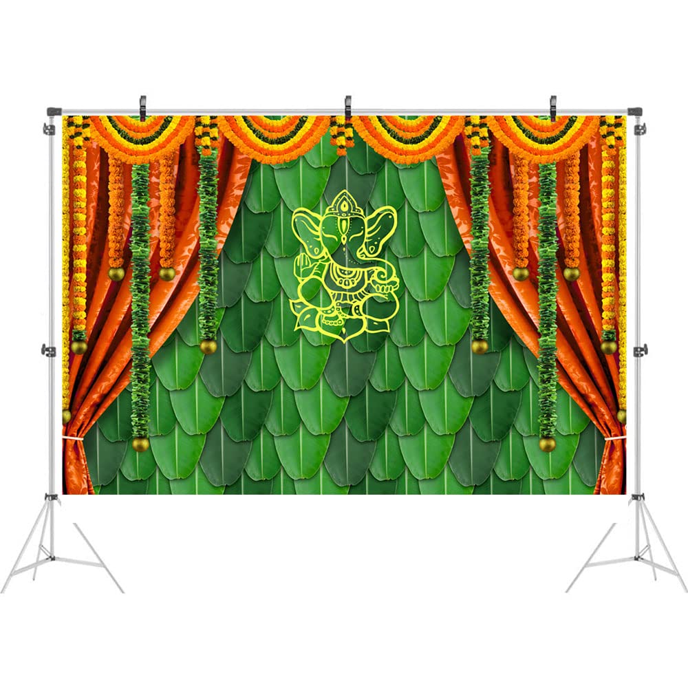 Ticuenicoa 9x6ft India Pooja Traditional Photography Backdrop Banana Leaf Green Chatiya Ganesh Background Puja Ganpati Pooja Mehndi backdrops Decorations Wedding Party Marigold Garlands Photo Props