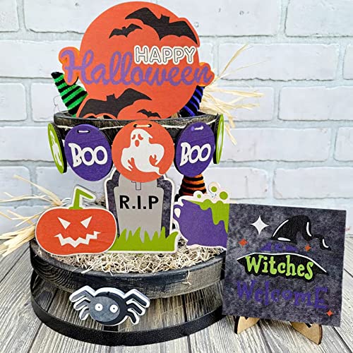 11 Pcs Halloween Tiered Tray Decorations,Halloween Signs for Halloween Home and Office Decor,Halloween Tray Decor with Witch Hat,Ghost,Bat,Tombstone,Pumpkin (1)