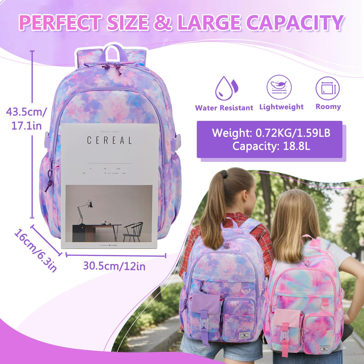 VX VONXURY Girls School Backpack,Water Resistant Kawaii Kids Book Bag Fits A4 Folder,Cute Teens Schoolbags