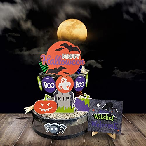 11 Pcs Halloween Tiered Tray Decorations,Halloween Signs for Halloween Home and Office Decor,Halloween Tray Decor with Witch Hat,Ghost,Bat,Tombstone,Pumpkin (1)