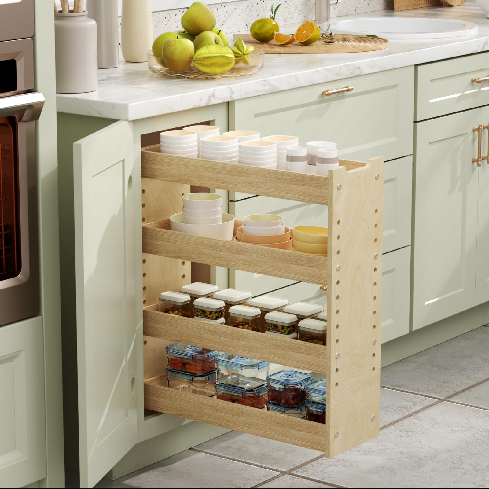 LOVMOR Adjustable Pull Out Cabinet Organizer 7½” W x 24½”H 4-Tier Narrow Cabinet Drawers Slide Out with Soft Close Wood Spice Rack for Narrow Cabinet