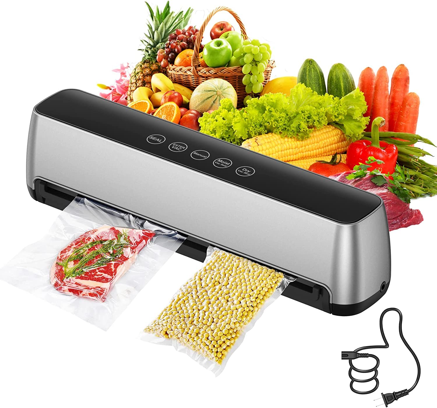 Vacuum Sealer Machine - Food-Vacuum-Sealer Automatic Air Sealing System for Food Storage Dry and Wet Food Modes LED Indicator Compact Design 11.8 Inch with 15Pcs Seal Bags Starter Kit (Silver)