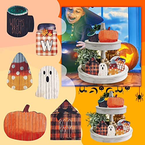 6 Pcs Halloween Tiered Tray Decorations,Halloween Signs for Halloween Home and Office Decor,Halloween Tray Decor with Witch Hat,Ghost,Bat,Tombstone,Pumpkin (6)