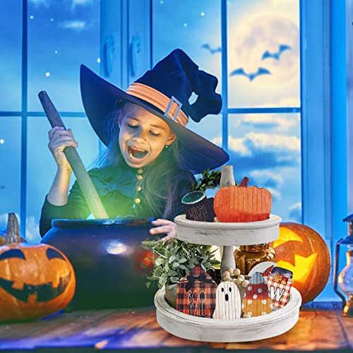 6 Pcs Halloween Tiered Tray Decorations,Halloween Signs for Halloween Home and Office Decor,Halloween Tray Decor with Witch Hat,Ghost,Bat,Tombstone,Pumpkin (6)