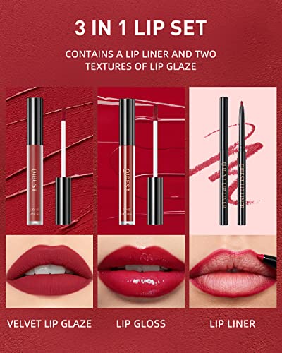 3Pcs Dark Brown Matte Liquid Lipstick, Lip Liner, Lip Gloss Trio Lip Set - One Step Lips Makeup Kits Waterproof Long-Lasting Moisturizing Velvety Nude Lip Stain Make Up Gift Set (11#)