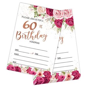 tfciate rose floral 60th birthday party invitation cards, 20 double - sided fill-in invitation with envelopes, blush rose gold 60 years old party favors supplies for adult, women, man - b013