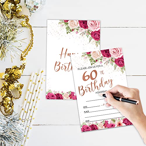 TFCIATE Rose Floral 60th Birthday Party Invitation Cards, 20 Double - Sided Fill-in Invitation with Envelopes, Blush Rose Gold 60 years old Party Favors Supplies for Adult, Women, Man - B013