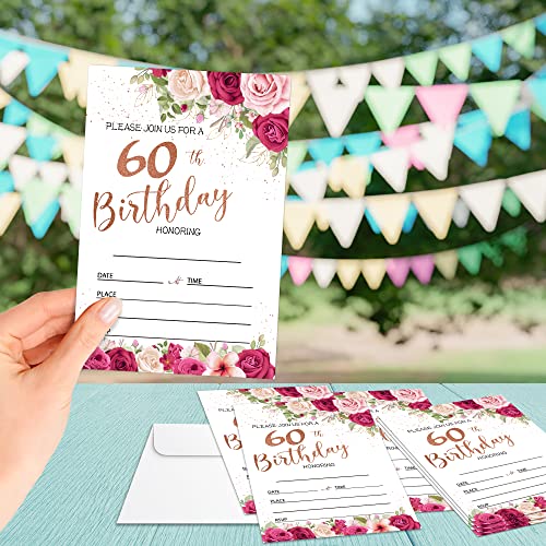 TFCIATE Rose Floral 60th Birthday Party Invitation Cards, 20 Double - Sided Fill-in Invitation with Envelopes, Blush Rose Gold 60 years old Party Favors Supplies for Adult, Women, Man - B013