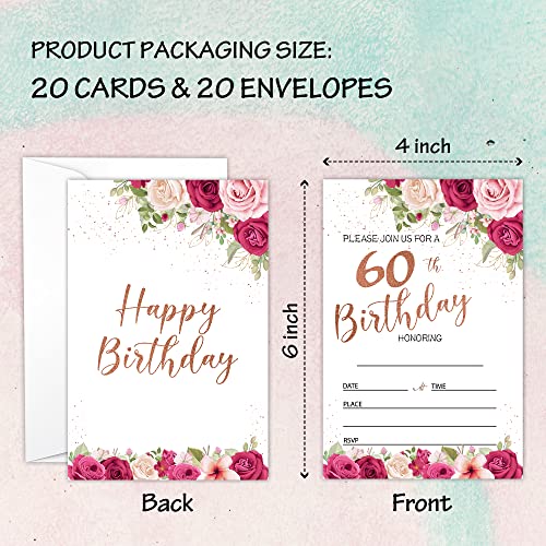 TFCIATE Rose Floral 60th Birthday Party Invitation Cards, 20 Double - Sided Fill-in Invitation with Envelopes, Blush Rose Gold 60 years old Party Favors Supplies for Adult, Women, Man - B013