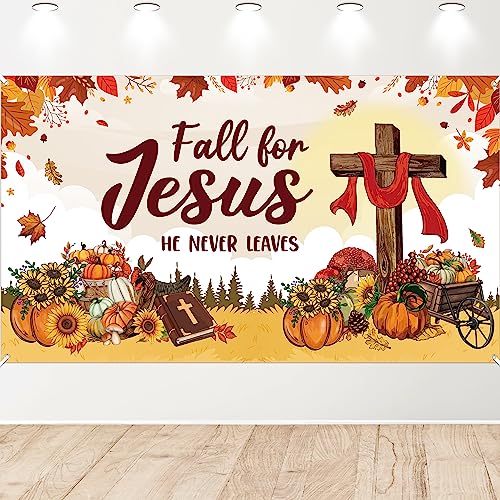 WATINC XtraLarge Fall for Jesus Banner Decorations, Fall for Jesus He Never Leaves Autumn Photography Background, Pumpkin Sunflower Decors Supplies Photo Booth Prop for Wall Home Classroom