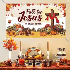 WATINC XtraLarge Fall for Jesus Banner Decorations, Fall for Jesus He Never Leaves Autumn Photography Background, Pumpkin Sunflower Decors Supplies Photo Booth Prop for Wall Home Classroom