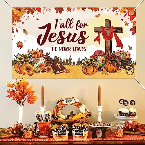 WATINC XtraLarge Fall for Jesus Banner Decorations, Fall for Jesus He Never Leaves Autumn Photography Background, Pumpkin Sunflower Decors Supplies Photo Booth Prop for Wall Home Classroom