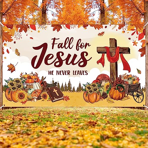 WATINC XtraLarge Fall for Jesus Banner Decorations, Fall for Jesus He Never Leaves Autumn Photography Background, Pumpkin Sunflower Decors Supplies Photo Booth Prop for Wall Home Classroom