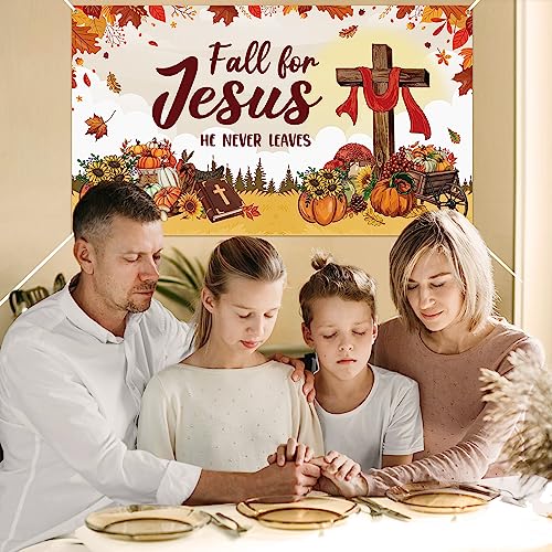 WATINC XtraLarge Fall for Jesus Banner Decorations, Fall for Jesus He Never Leaves Autumn Photography Background, Pumpkin Sunflower Decors Supplies Photo Booth Prop for Wall Home Classroom