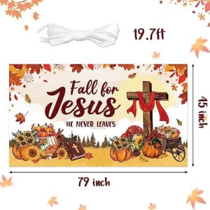 WATINC XtraLarge Fall for Jesus Banner Decorations, Fall for Jesus He Never Leaves Autumn Photography Background, Pumpkin Sunflower Decors Supplies Photo Booth Prop for Wall Home Classroom