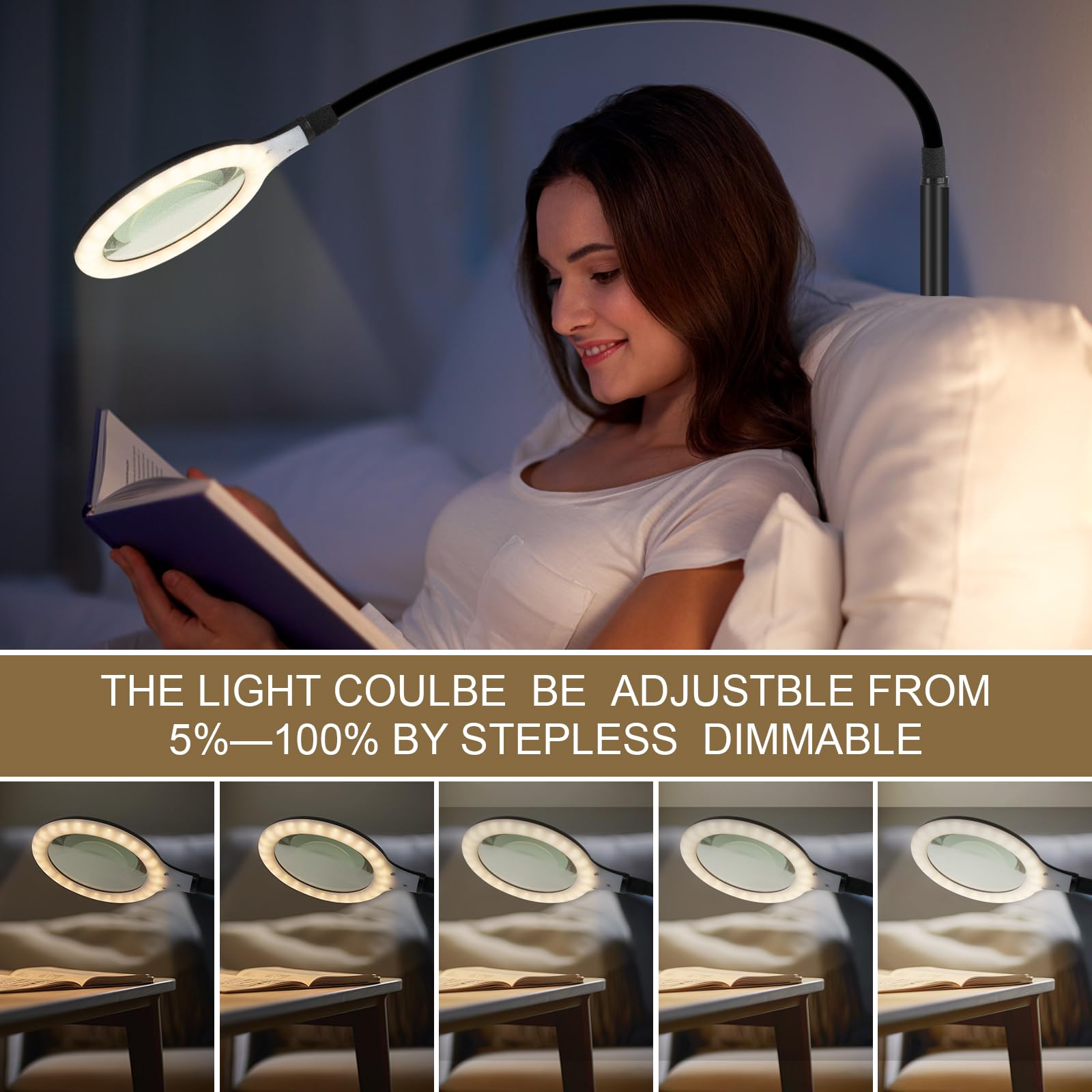 Delixike Magnifying Glass with Light and Stand,Hands Free Magnifying Lamp with Flexible Gooseneck,Dimmable Magnifier for Reading Repair Close Work Craft