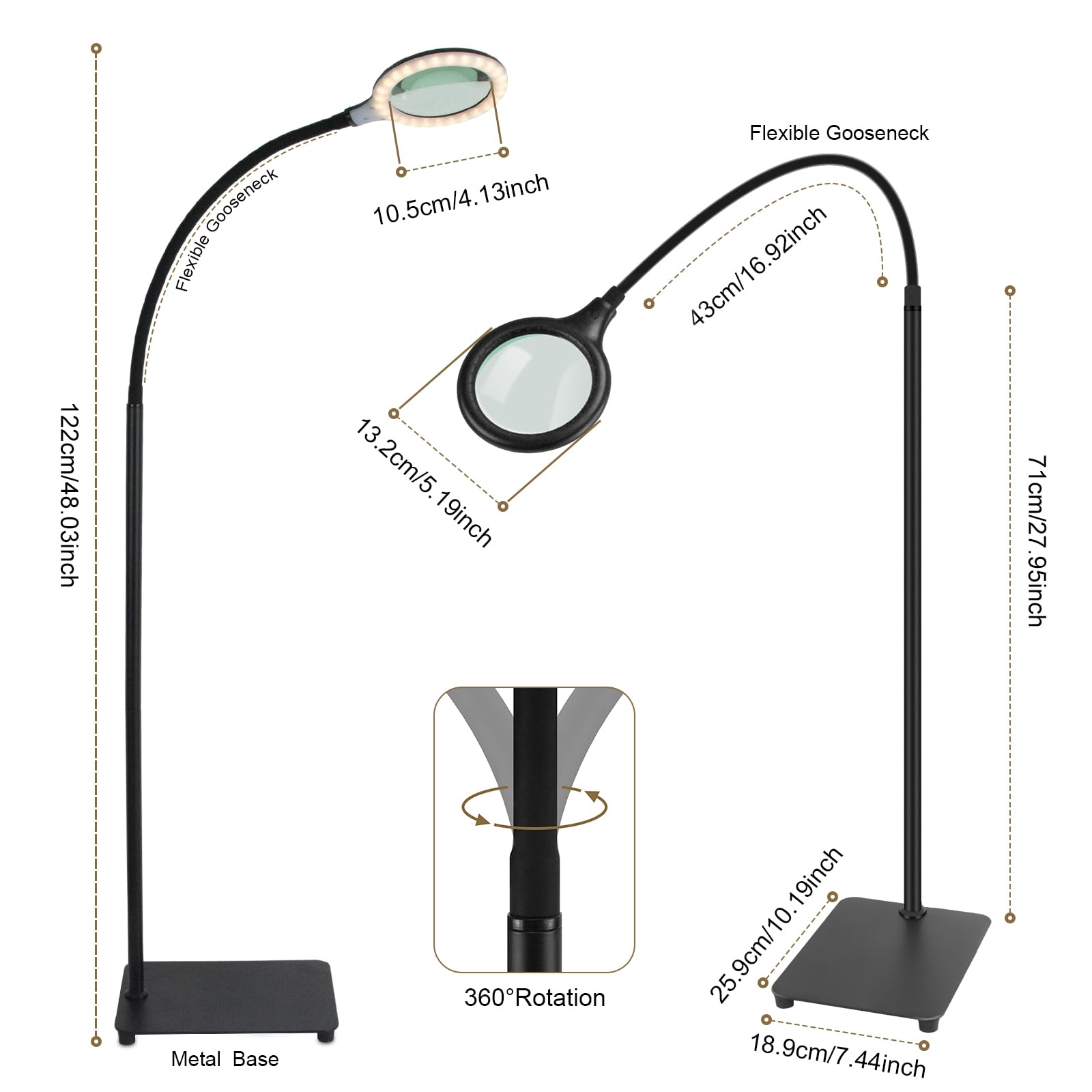 Delixike Magnifying Glass with Light and Stand,Hands Free Magnifying Lamp with Flexible Gooseneck,Dimmable Magnifier for Reading Repair Close Work Craft