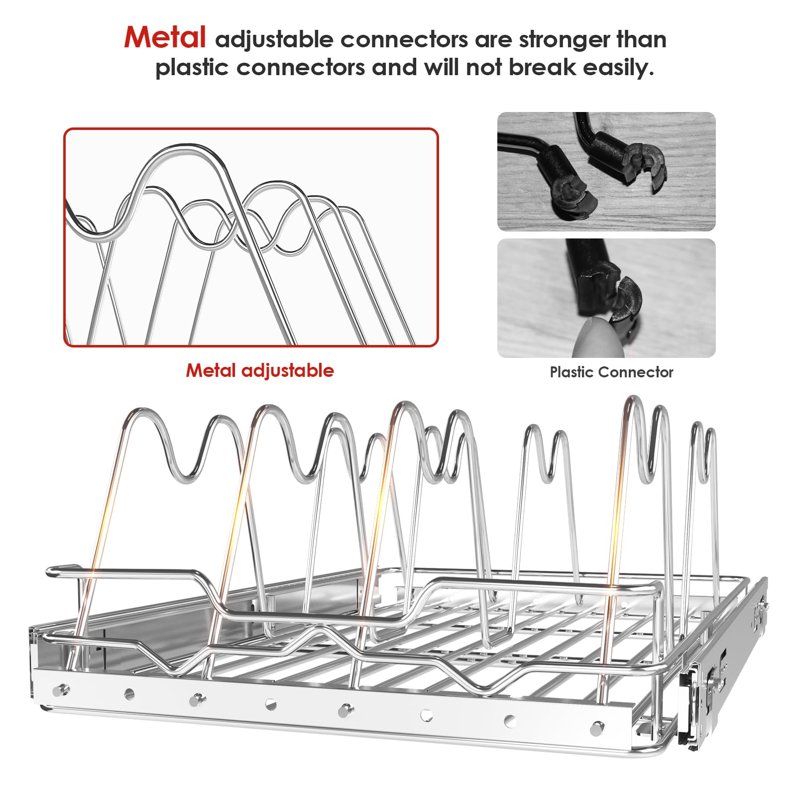 BONADOM 1 Tier Pull Out Pot and Pan Organizer Under Cabinet Kitchen, Slide Out Cookie Shelf Cutting Board Bakeware and lids Tray Storage 11''W x 21''D x 8.5''H- Sliding Pan and Pots Lid Holder