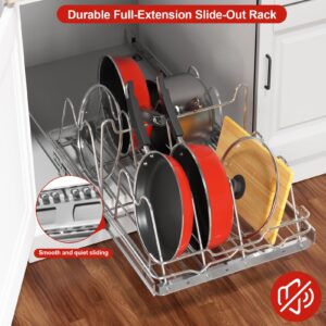 BONADOM 1 Tier Pull Out Pot and Pan Organizer Under Cabinet Kitchen, Slide Out Cookie Shelf Cutting Board Bakeware and lids Tray Storage 11''W x 21''D x 8.5''H- Sliding Pan and Pots Lid Holder