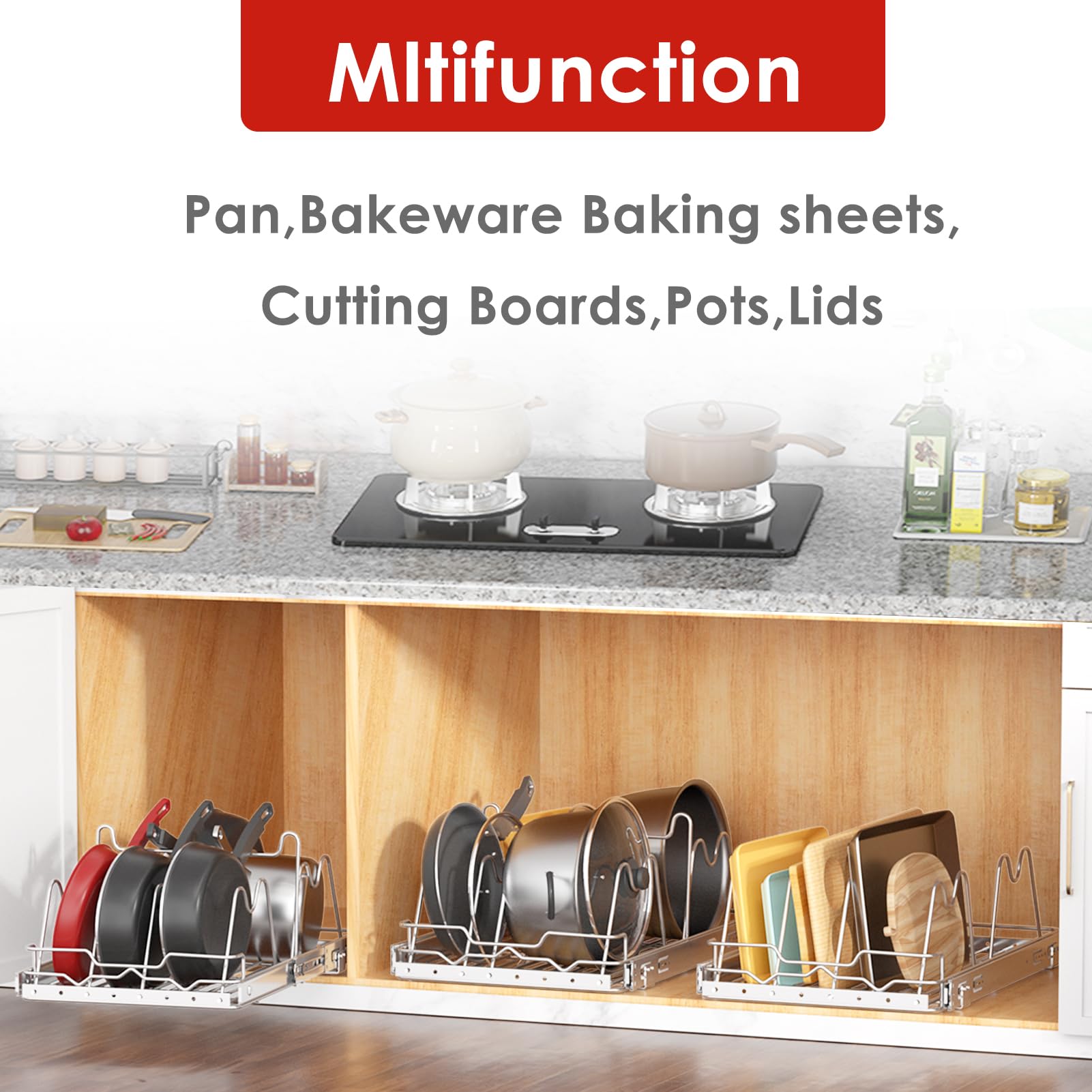 BONADOM 1 Tier Pull Out Pot and Pan Organizer Under Cabinet Kitchen, Slide Out Cookie Shelf Cutting Board Bakeware and lids Tray Storage 11''W x 21''D x 8.5''H- Sliding Pan and Pots Lid Holder