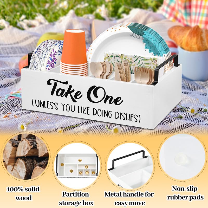 Lzhevsk Paper Plate Holders Silverware Caddy for Countertop, Kitchen Utensil Holder Organizer for Plates, Cutlery, Cups, Fork, Spoon, Wood Utensil Caddy Paper Plates Dispenser for Party Picnic BBQ