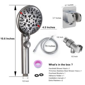 GwernKB Handheld Shower Head with On Off Switch 8-Mode High Pressure Showerhead with 79 Inches Extra-long Stainless Steel Hose and Bracket PLUS Extra Low-Reach Adhesive Wall Mount for Kids,Silver