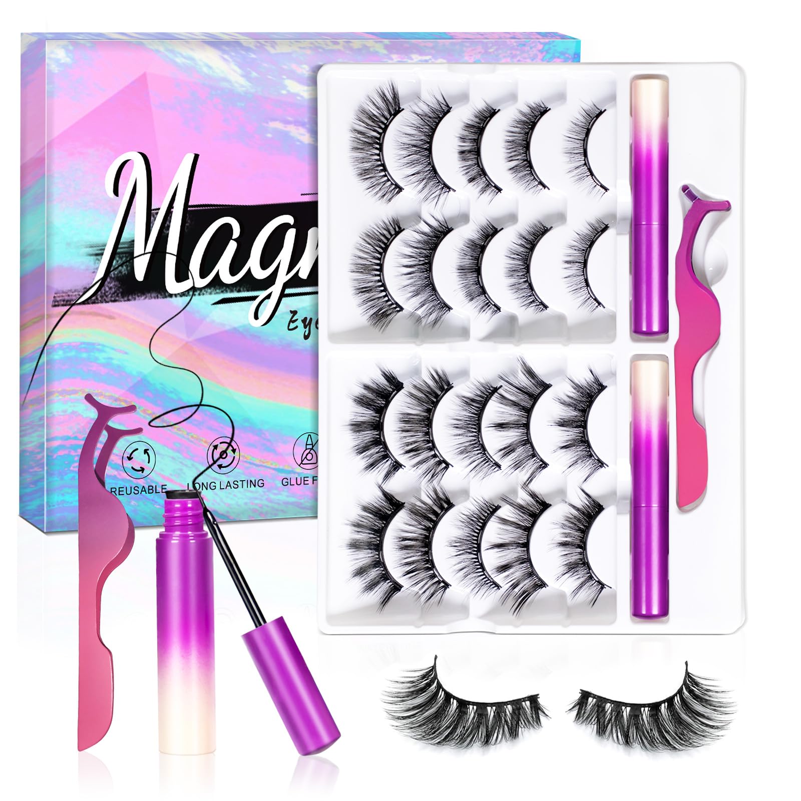 Magnetic Eyelashes with Magnetic Eyeliner Kit, 3D Natural Look False Eyelashes, Reusable Magnetic Lashes with Eyeliner and Tweezers, No Glue(10 Pairs)