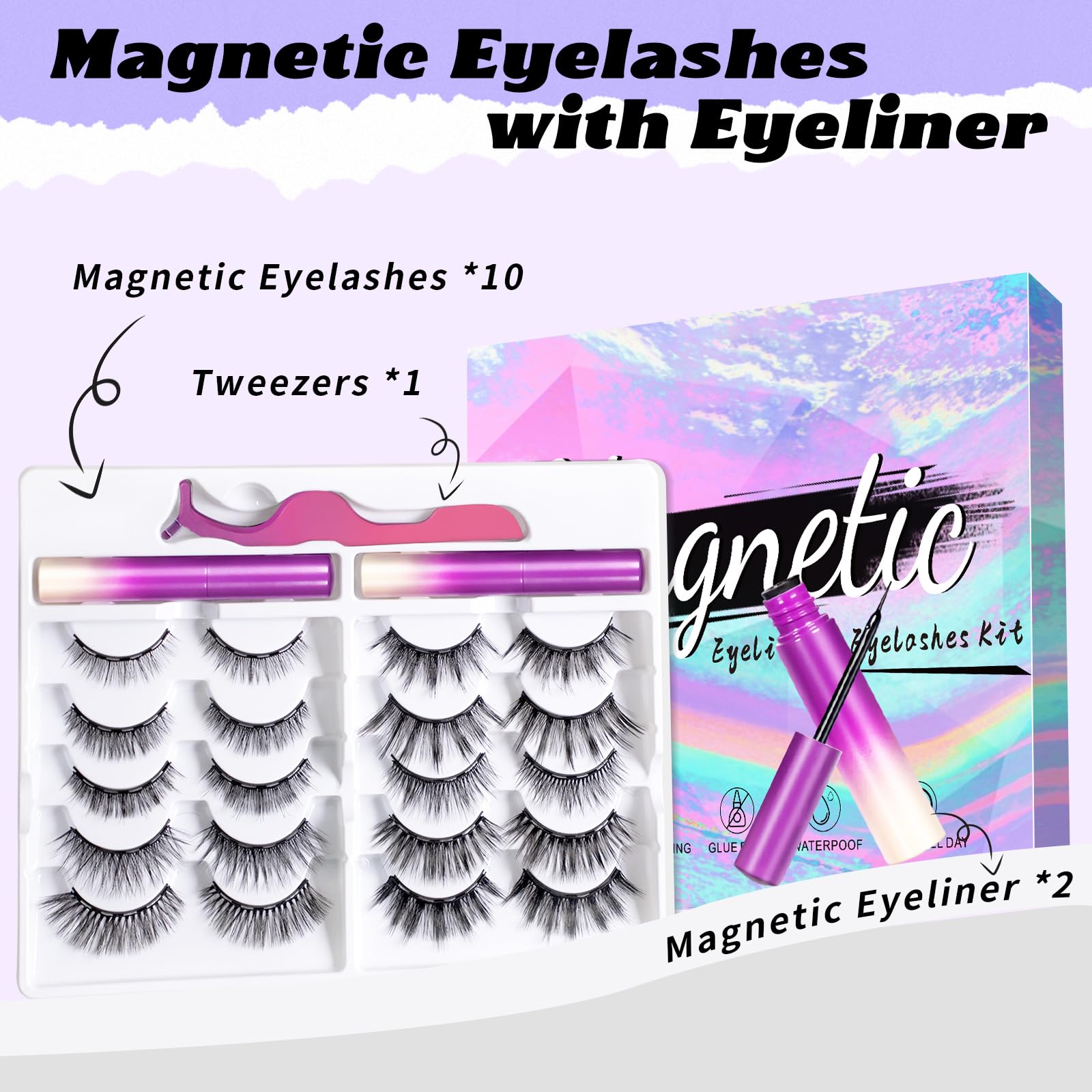 Magnetic Eyelashes with Magnetic Eyeliner Kit, 3D Natural Look False Eyelashes, Reusable Magnetic Lashes with Eyeliner and Tweezers, No Glue(10 Pairs)