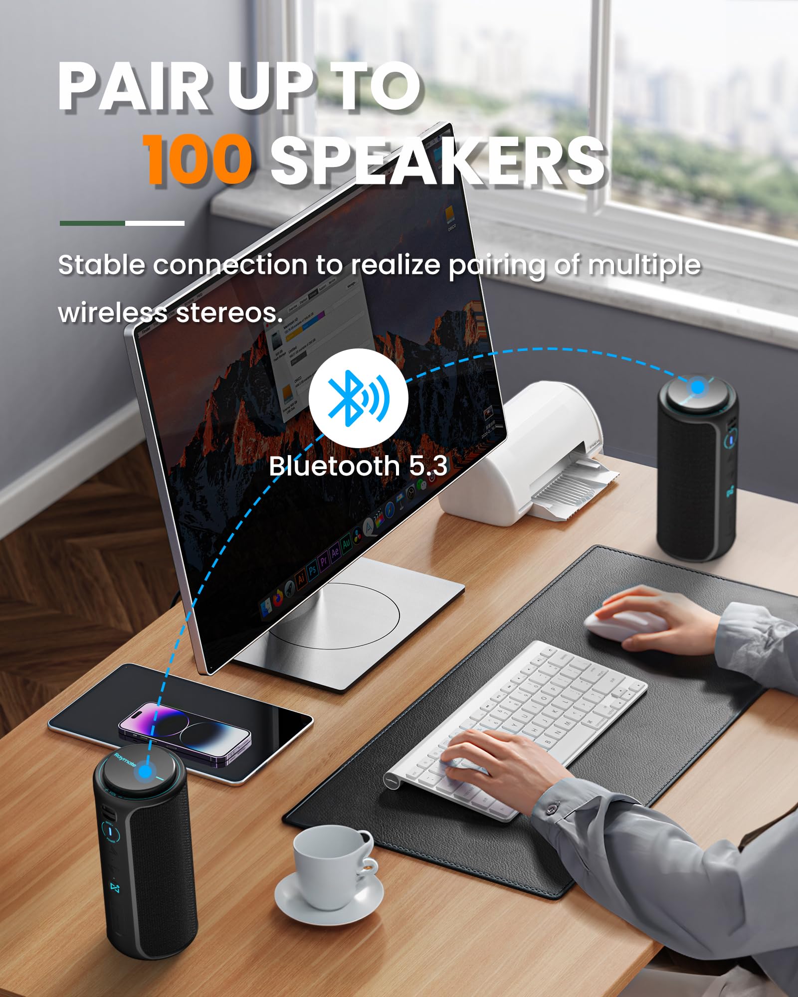 Raymate Bluetooth Speakers, Pair up to 100 Speakers,IPX7 Waterproof Speaker Wireless Bluetooth-V5.3, HiFi Stereo Sound, 1100mins Playtime, Portable Speaker for Home, Outdoor, Party