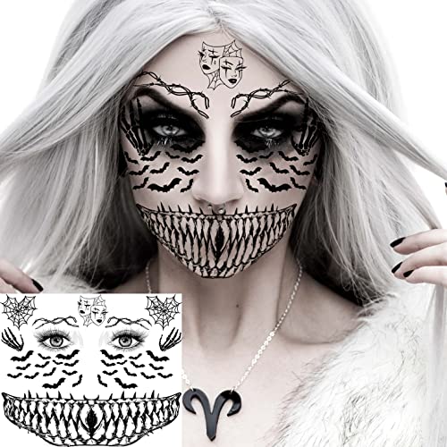 COKTAK 4 Sheet Scary Halloween Face Tattoos For Women Men Adults, Fake Wound Scars Witch Makeup For Halloween Chucky Zombie Makeup Kit, 3D Spider Web Face Tattoo Sticker Halloween Face Decals Paint