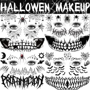 COKTAK 4 Sheet Scary Halloween Face Tattoos For Women Men Adults, Fake Wound Scars Witch Makeup For Halloween Chucky Zombie Makeup Kit, 3D Spider Web Face Tattoo Sticker Halloween Face Decals Paint