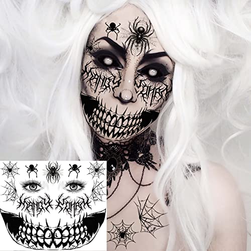 COKTAK 4 Sheet Scary Halloween Face Tattoos For Women Men Adults, Fake Wound Scars Witch Makeup For Halloween Chucky Zombie Makeup Kit, 3D Spider Web Face Tattoo Sticker Halloween Face Decals Paint