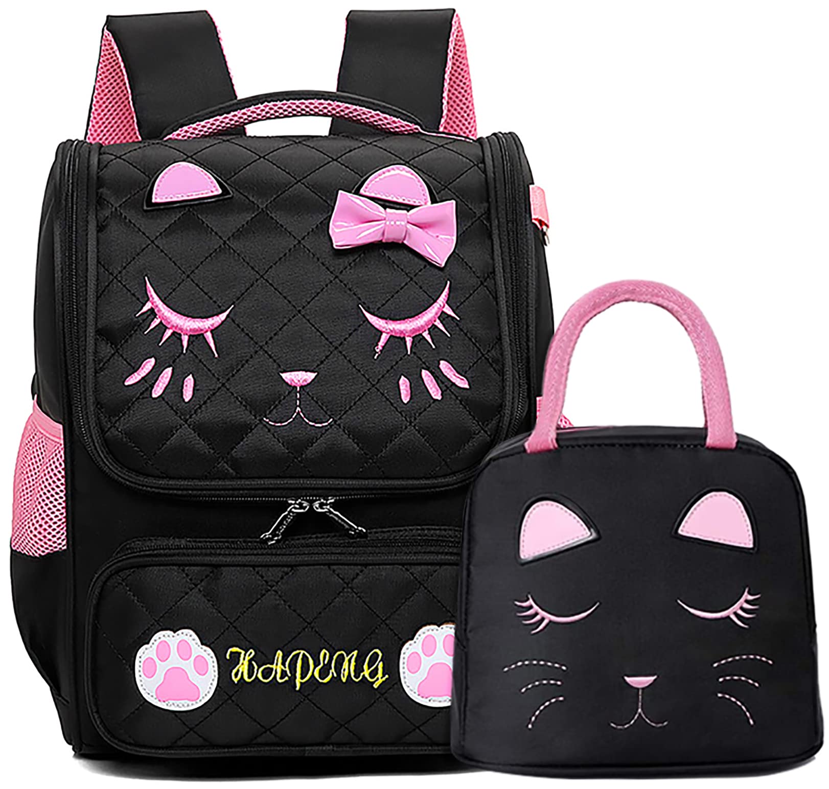 Junlion Girls Bow-knot Backpack Set Elementary School Bag with Lunch Bag Cute Daypack Gift for Princess Girls Preschool Black