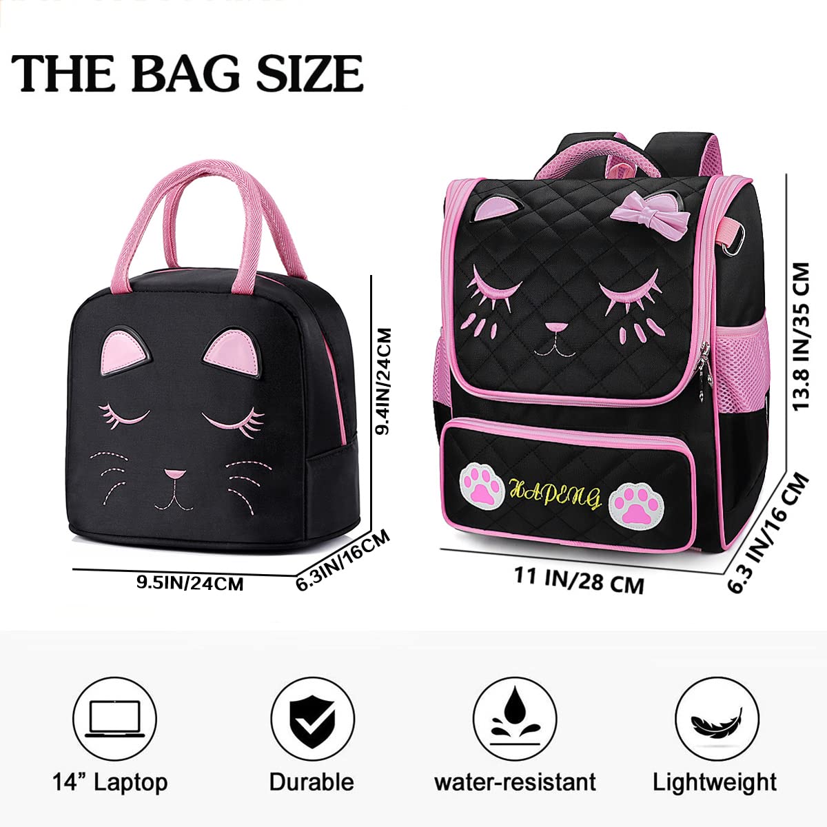 Junlion Girls Bow-knot Backpack Set Elementary School Bag with Lunch Bag Cute Daypack Gift for Princess Girls Preschool Black