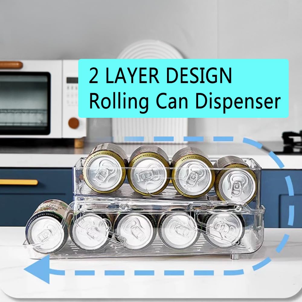 Auto Rolling Soda Can Organizer,2 Tire Pop Soda Can Dispenser with Lid for Refrigerator Kitchen Pantry,Cabinet Canned Food